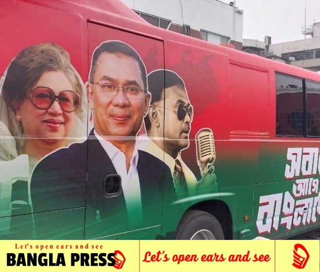 Red bus with ‘Bangladesh first’ slogan ready at Dhaka airport for Tarique